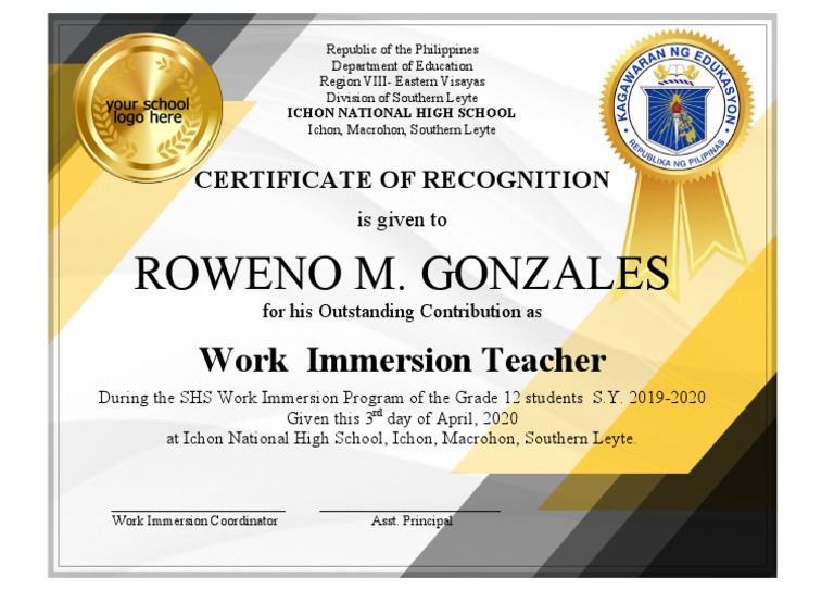 WORK IMMERSION Certificate | PDF
