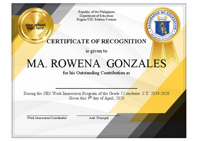SHS Work Immersion Recognition | PDF