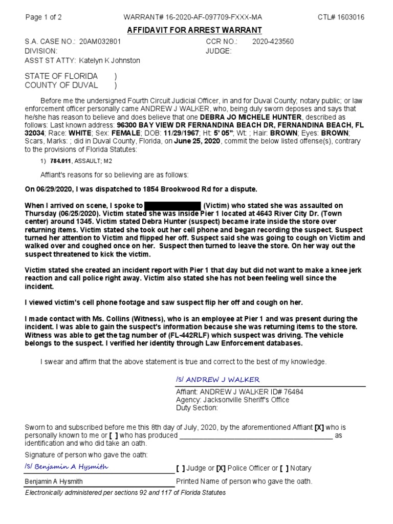 Affidavit For Arrest Warrant: 1) 784.011, ASSAULT M2 | Download Free PDF | Affidavit | Arrest ...