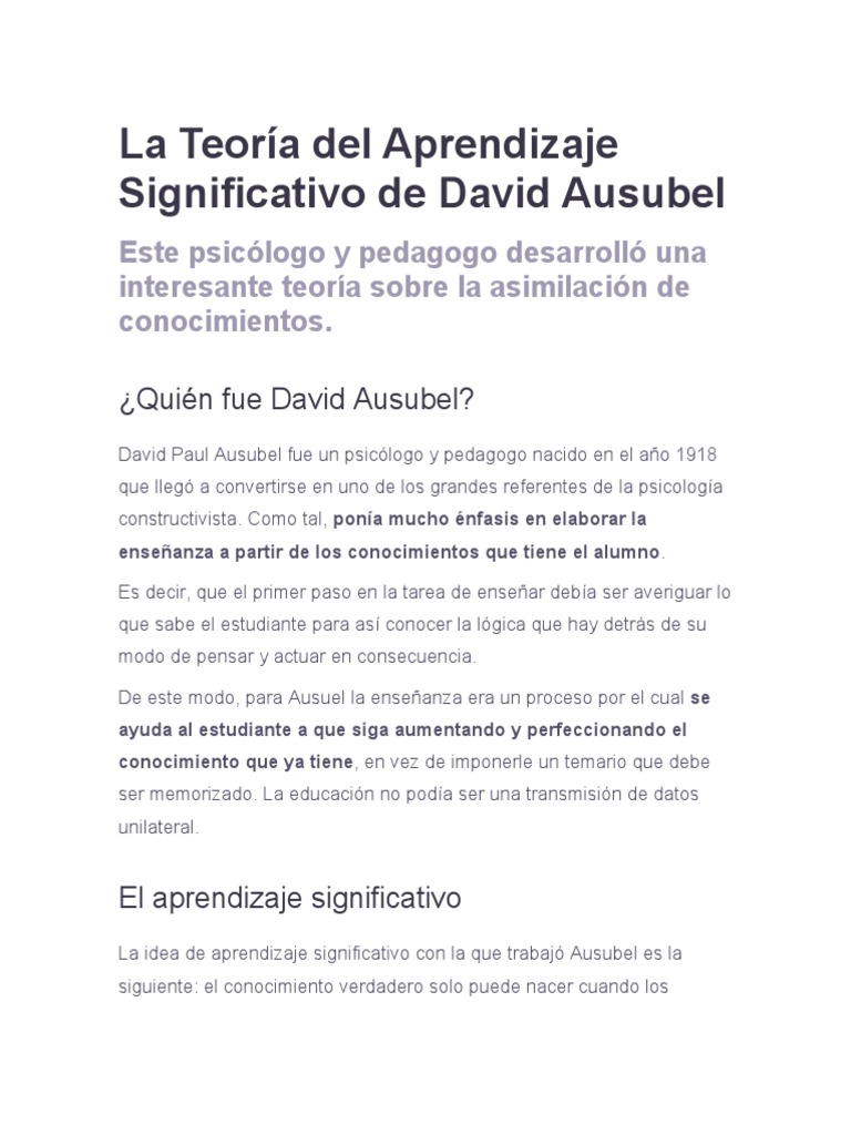 La Teoría Del Aprendizaje Significativo de David Ausubel | PDF ...