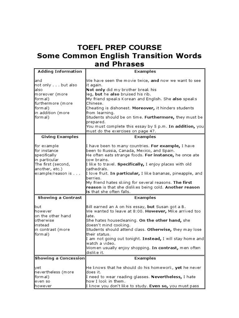 Toefl Prep Course Transition Words | PDF | Comma | Sentence (Linguistics)