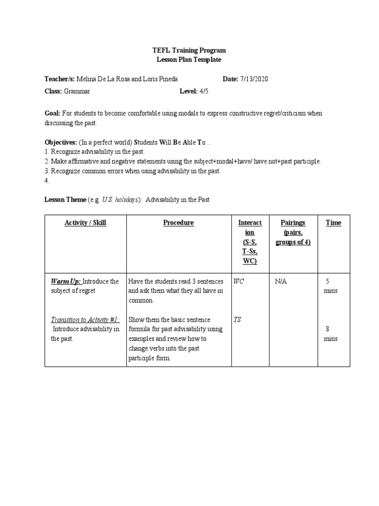 TEFL Training Program Lesson Plan Template Teacher/s: Date: Class: Goal ...
