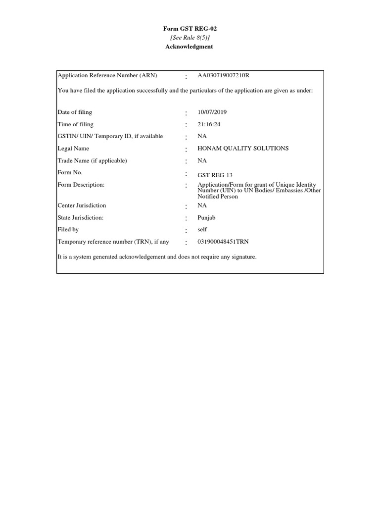 (See Rule 8 (5) ) : Form GST REG-02 | PDF