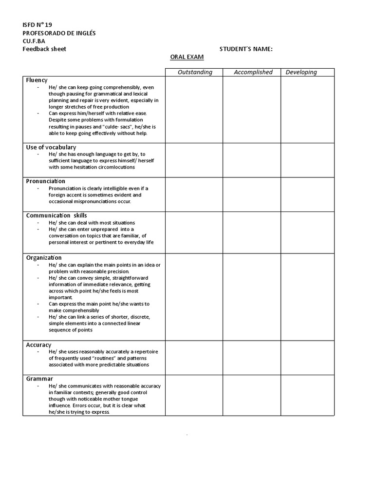 ORAL EXAM Feedback Sheet 1 | PDF