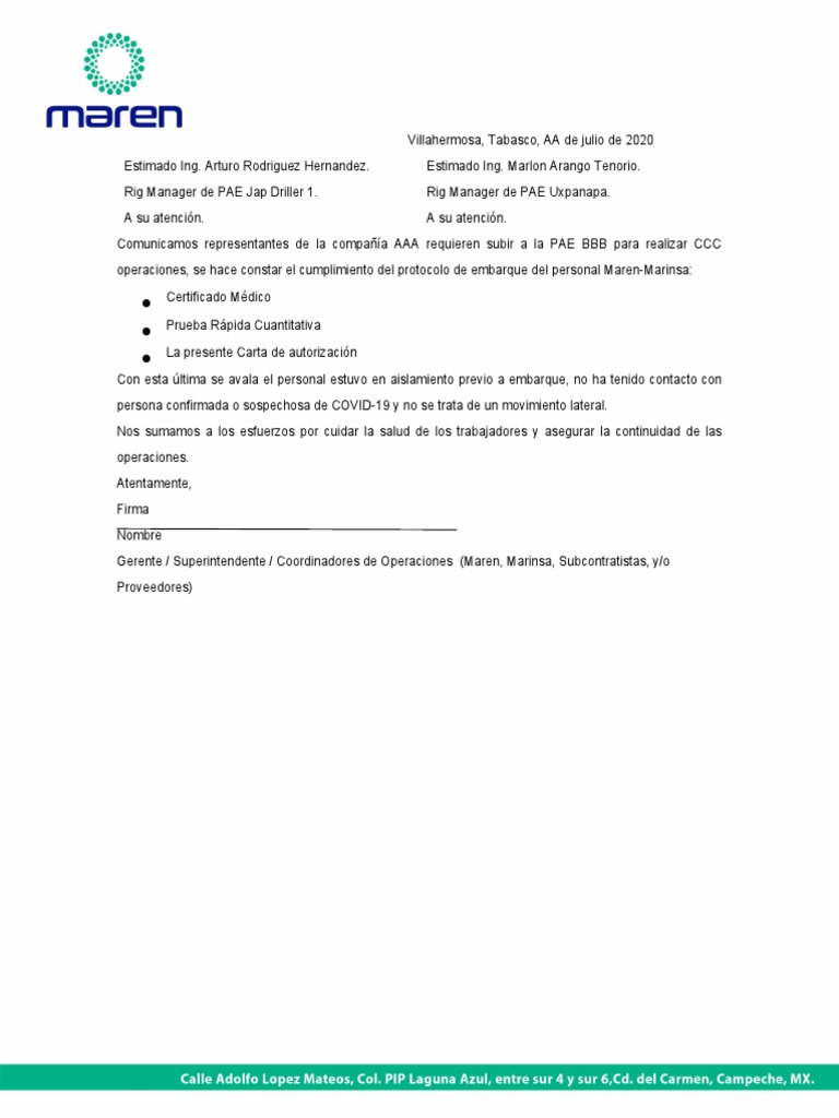 Carta de Autorización para Embarque | PDF