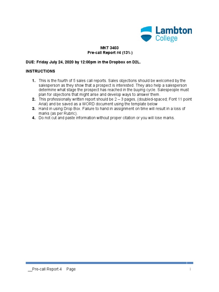 Pre-Call Report 4 Template - MKT3403-S2020 | PDF | Prices | Sales