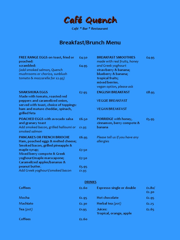 Cafe Quench Breakfast Food Menu 2020 | PDF