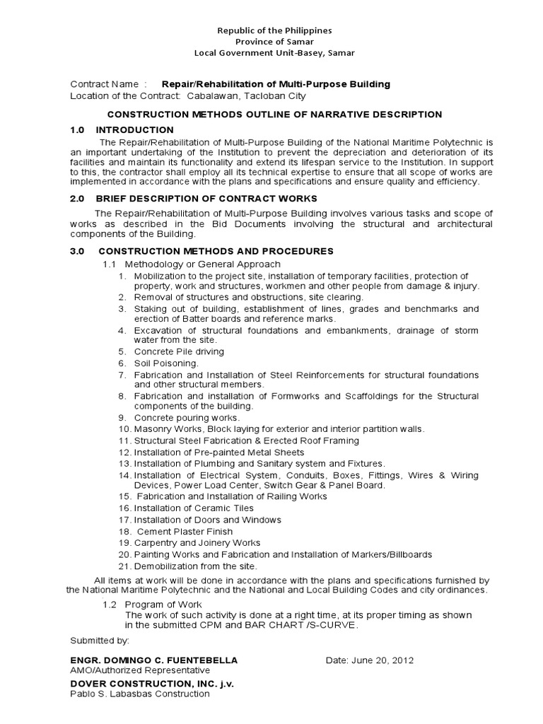 Construction Methods Outline of Narrative Description | PDF | Wall ...