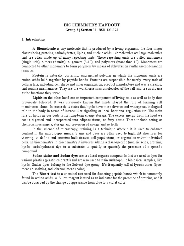 Biochemistry Handout: Group 2 - Section 11, BSN 121-122 | PDF ...