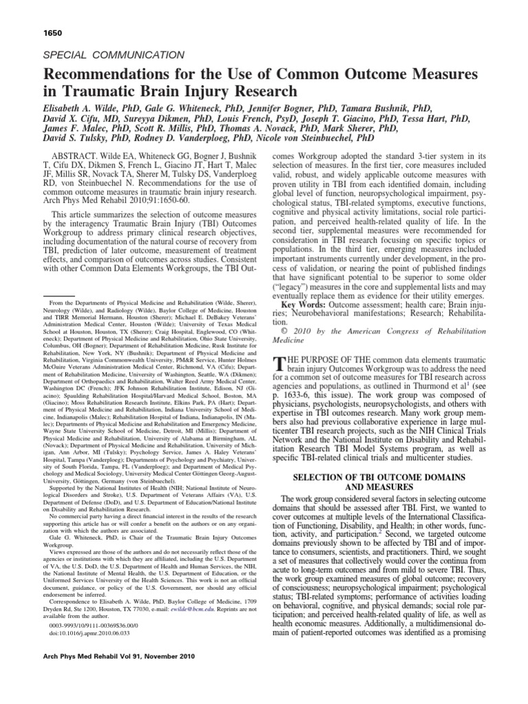 Recommendations For The Use of Common Outcome Measures in Traumatic ...