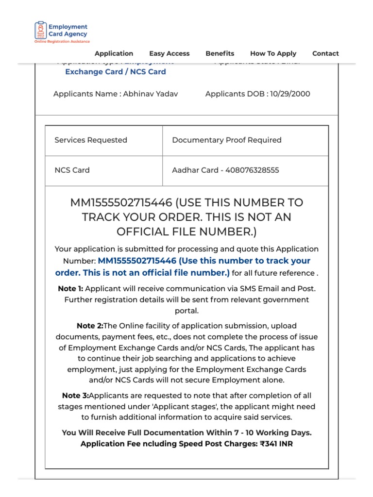 Application For License - Employment Exchange Card - NSC Card ...