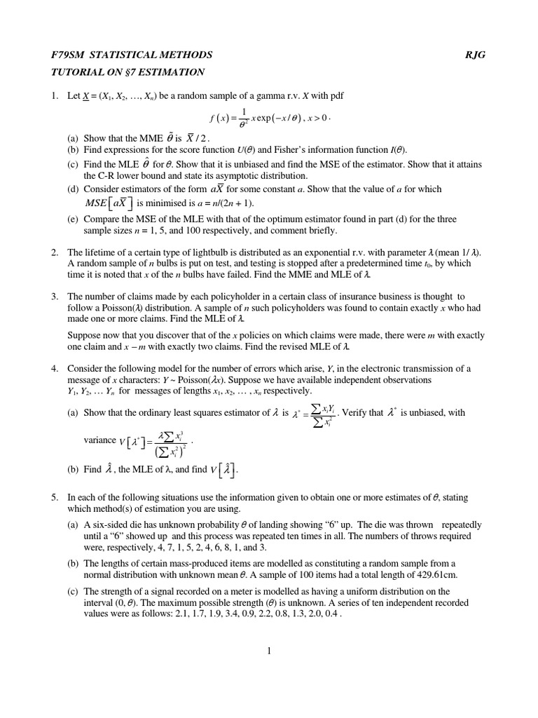 Ax Mse Ax: F79Sm Statistical Methods RJG Tutorial On 7 Estimation ...