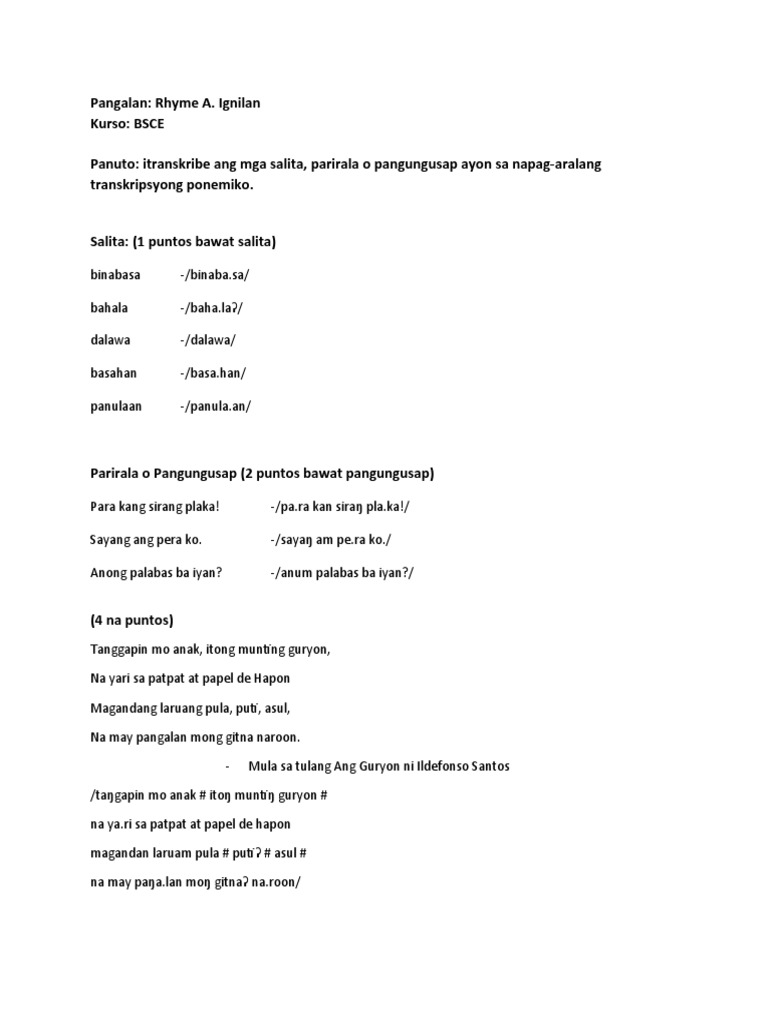 Pagsasanay Sa Transkripsyon | PDF