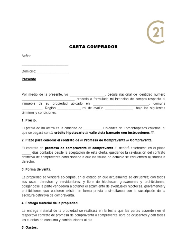 Formato Carta Oferta de Compra | PDF | Hipoteca Comercial | Finanzas y ...