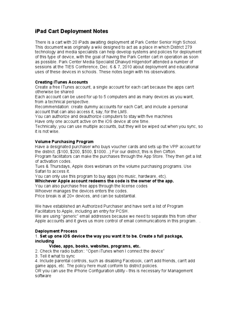 Ipad Cart Deployment Notes | PDF | I Tunes | I Pad
