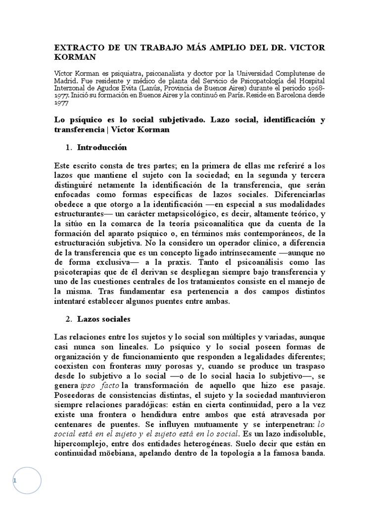 Lazos sociales en la psique de Korman | PDF | Psicoanálisis | Jacques Lacan