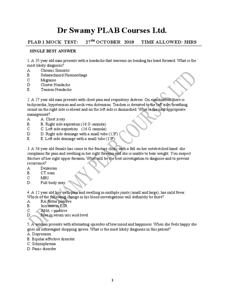 DR Swamy PLAB Courses LTD.: Plab 1 Mock Test: 27 October 2018 Time ...