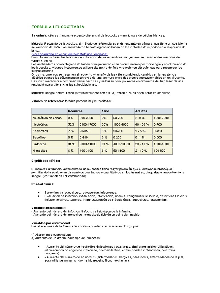 FORMULA LEUCOCITARIA: INFORMACION DIAGNOSTICA E INTERFERENCIAS EN EL ...