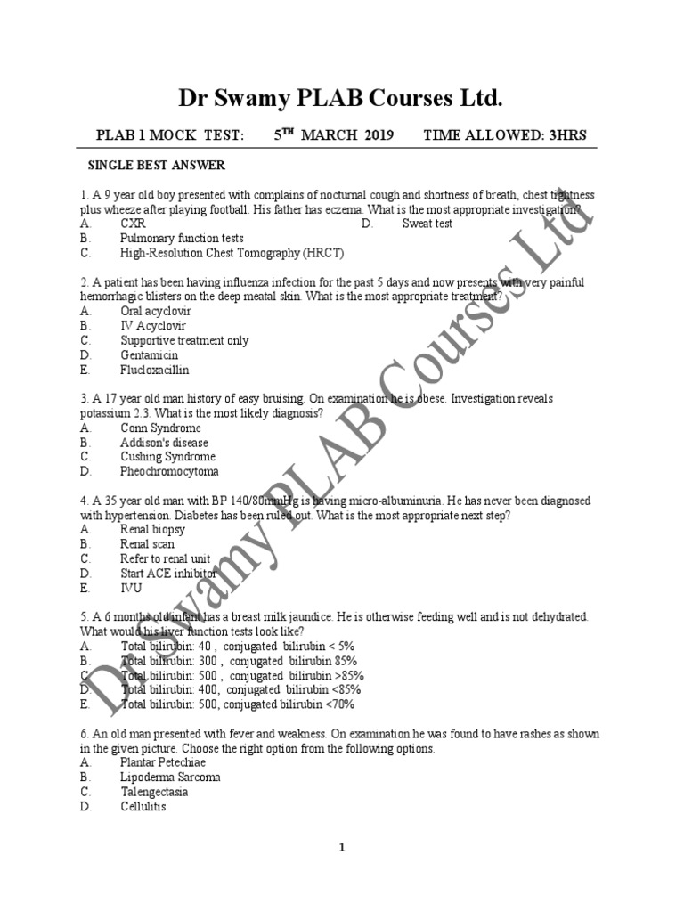 DR Swamy PLAB Courses LTD.: Plab 1 Mock Test: 5 March 2019 Time Allowed ...