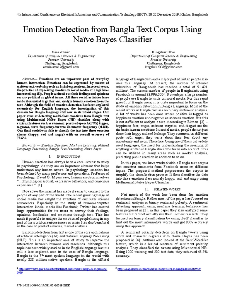 Emotion Detection From Bangla | PDF | Statistical Classification | Emotions