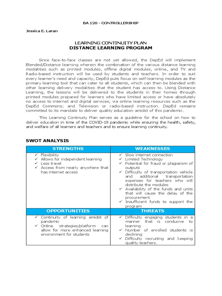 LARAN Learning Continuity Plan | PDF | Distance Education | Educational Technology