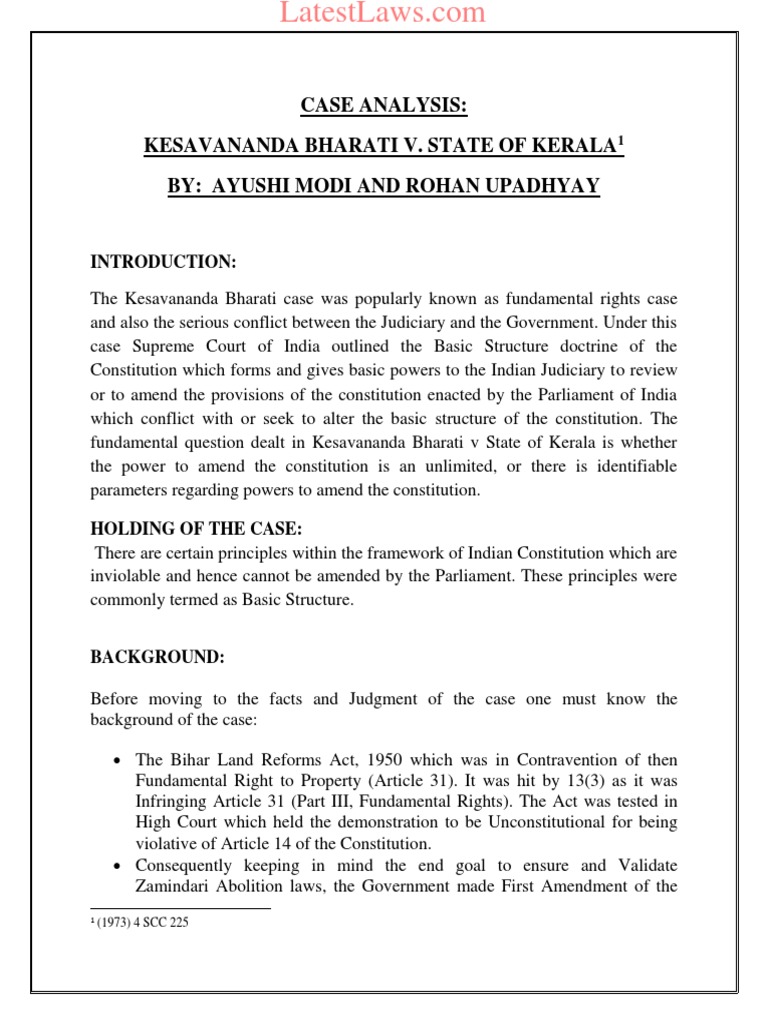 Case Analysis Kesavananda Bharati v. State of Kerala by Ayushi Modi and ...