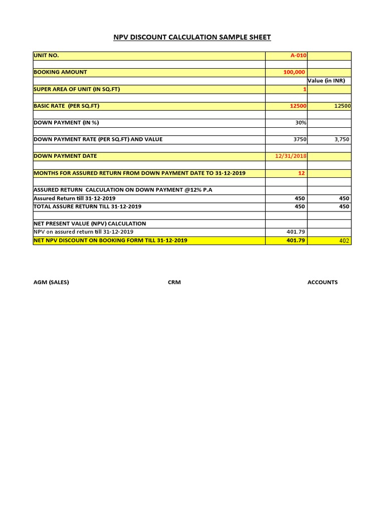 NPV Discount Calculation Sample Sheet | PDF