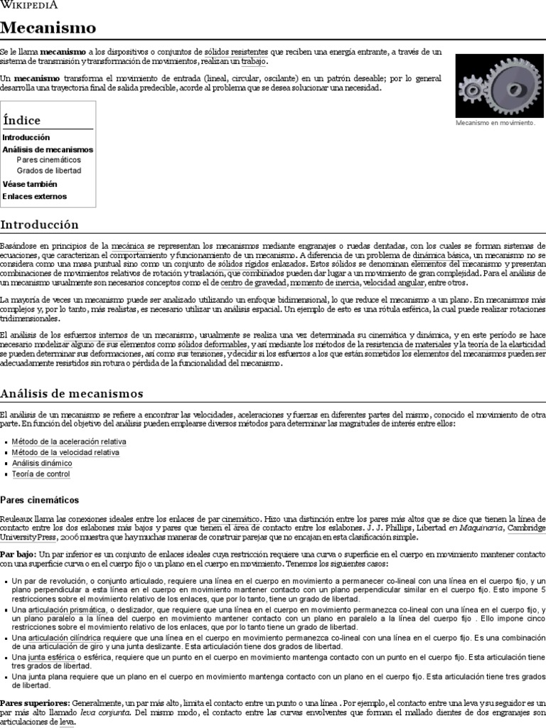 Mecanismo - Wikipedia, La Enciclopedia Libre | PDF | Mecánica | Física