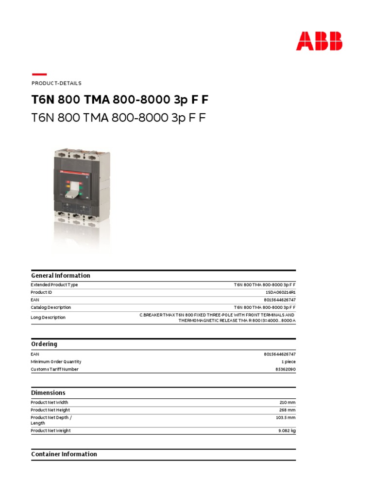 1SDA060214R1 t6n 800 Tma 800 8000 3p F F | PDF | Electric Power | Electrical Engineering