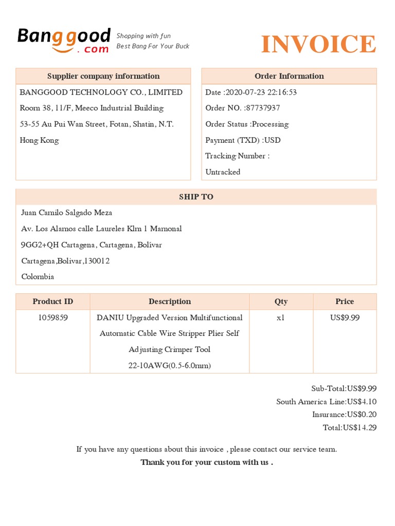 Banggood Invoice for Cable Tool Purchase | PDF