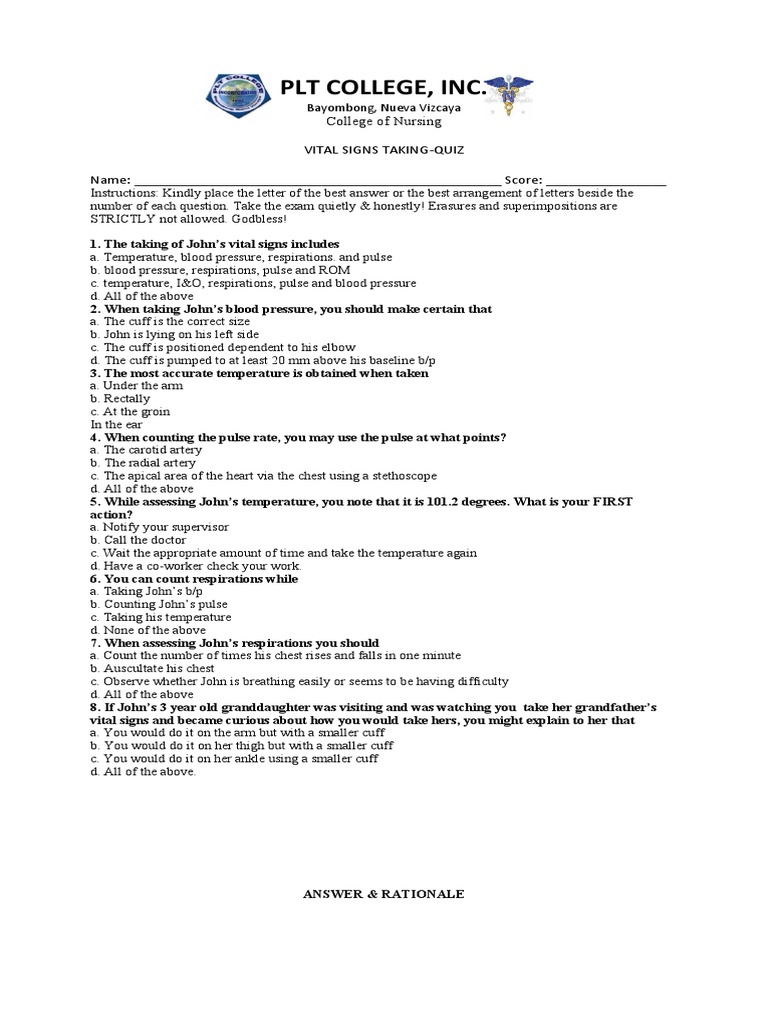 Vital Signs Taking Quiz Answers & Rationales | PDF | Pulse ...
