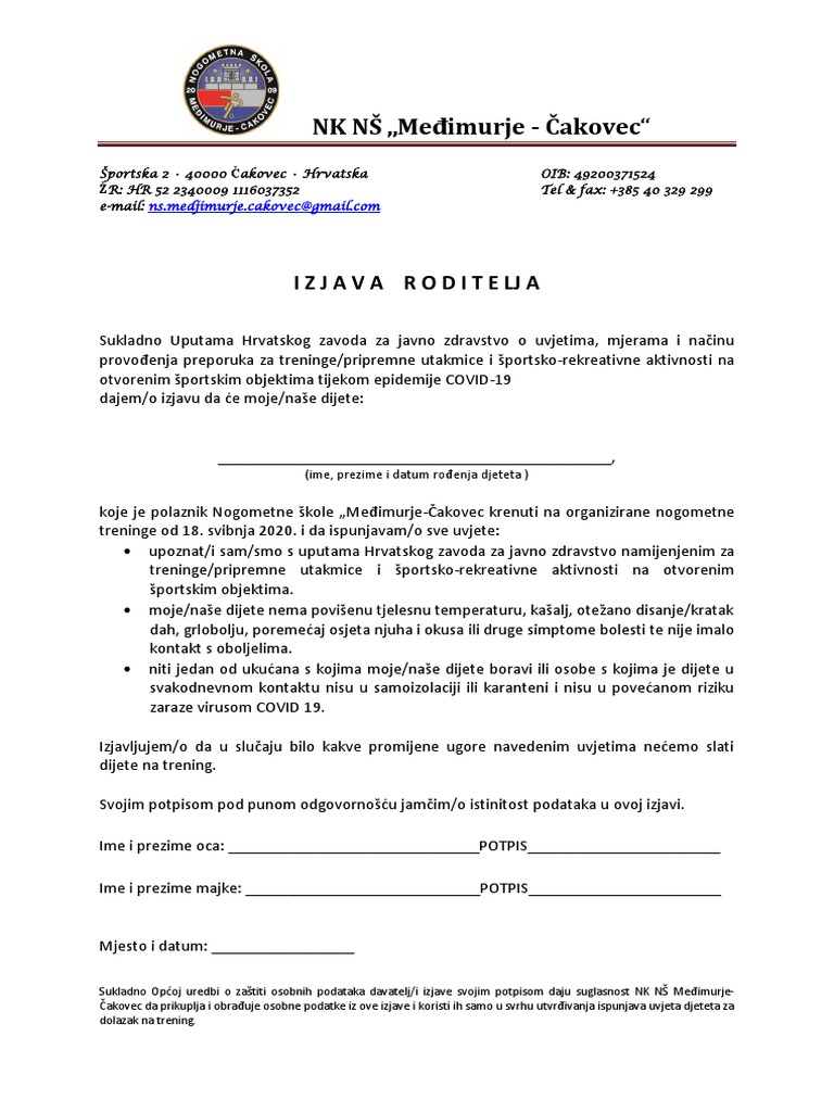 1 Izjava Roditelja PDF | PDF