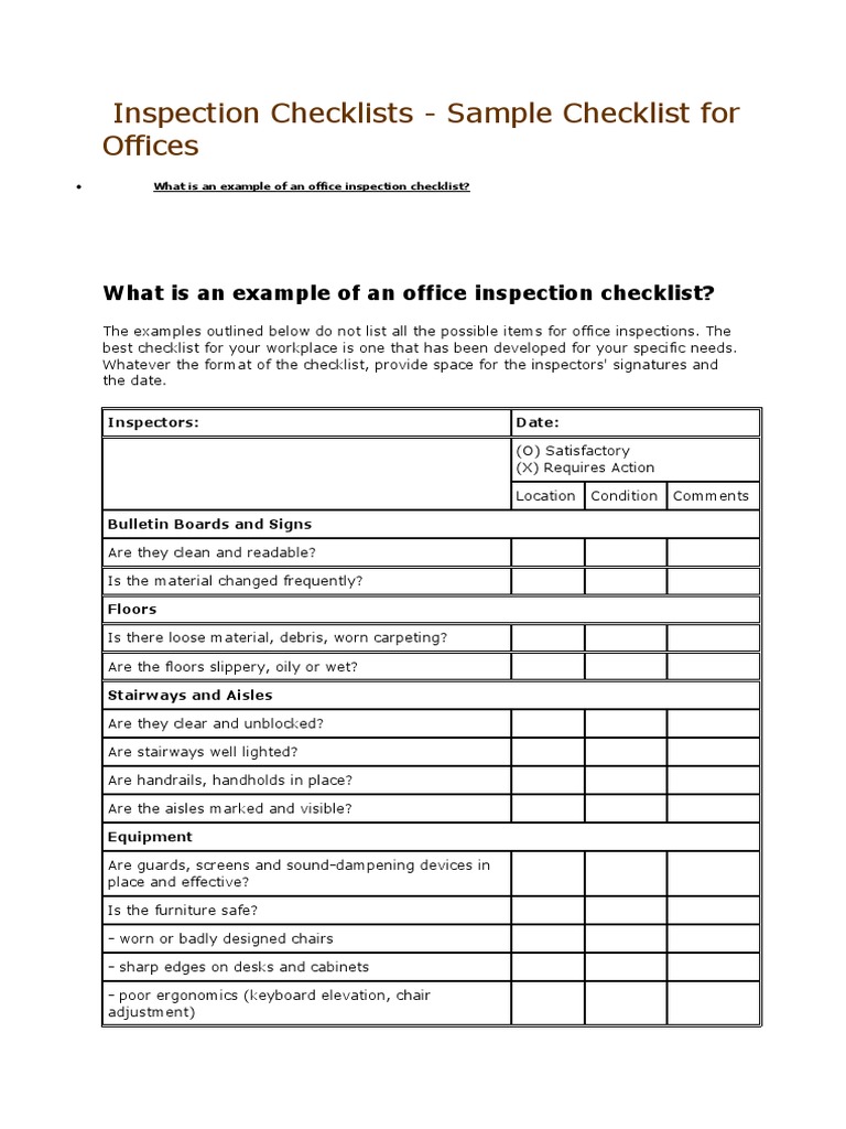 Topic 25 Inspection Checklists - Sample Checklist For Offices | PDF ...