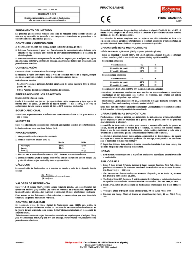 Fructosamine: Biosystems S.A | PDF | Proteínas | Mole (Unidad)