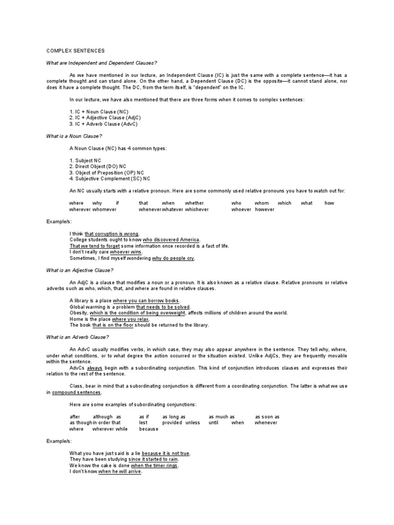 What Are Independent and Dependent Clauses?: Complex Sentences | PDF ...