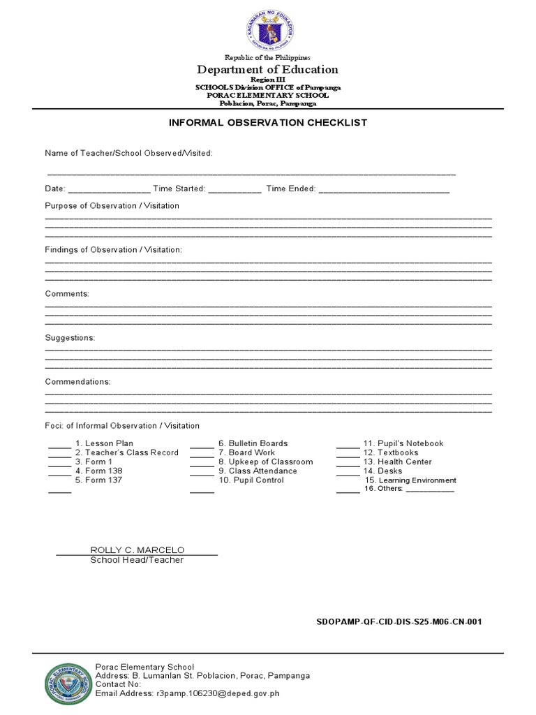 Department of Education: Informal Observation Checklist | Download Free ...