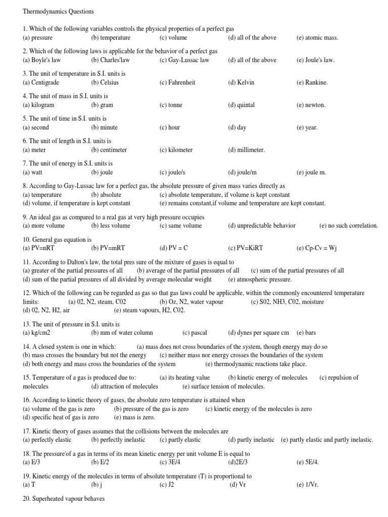 Thermodynamics Questions MCqs | PDF | Gases | Heat