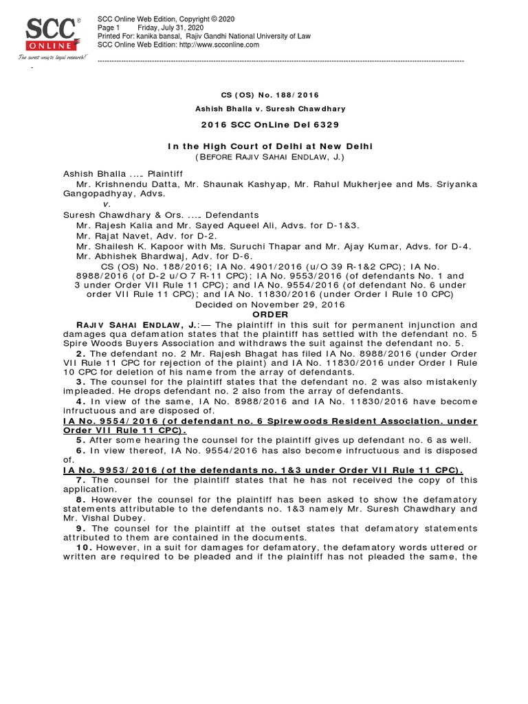 CS (OS) No. 188/2016 Ashish Bhalla v. Suresh Chawdhary: Efore Ajiv Ahai ...