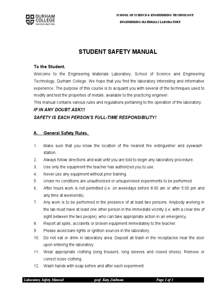 Student Safety Manual Laboratory A110 | PDF | Laboratories | Chemistry