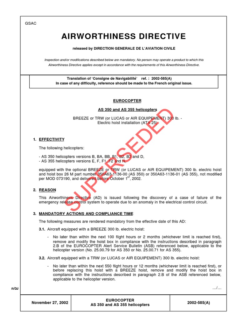Superseded: Airworthiness Directive | PDF | Aeronautics | Aircraft