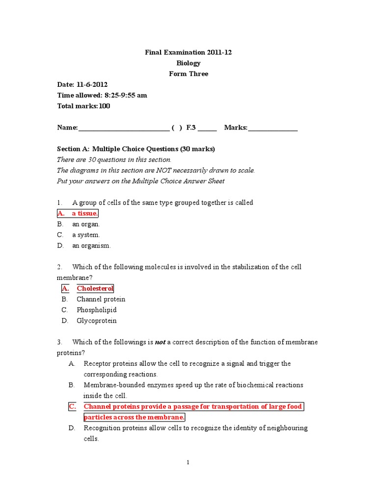 F3 Final Exam 11-12 Ans | PDF | Cell Membrane | Cell (Biology)