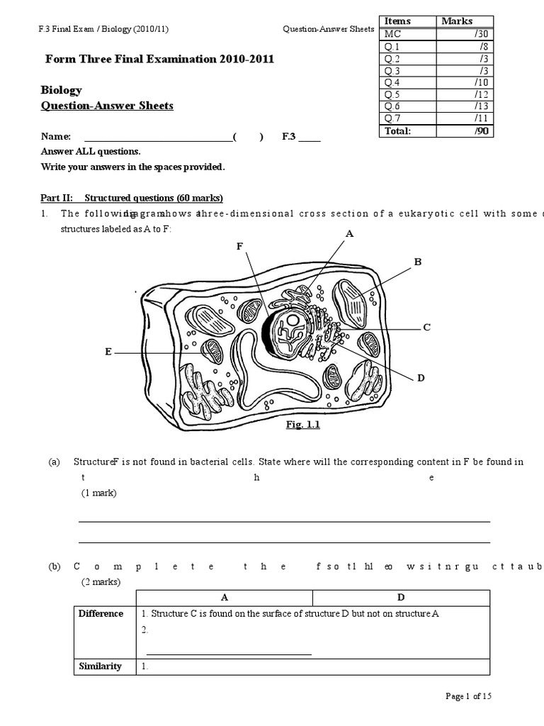 Form Three Final Examination 2010-2011 Biology Question-Answer Sheets ...
