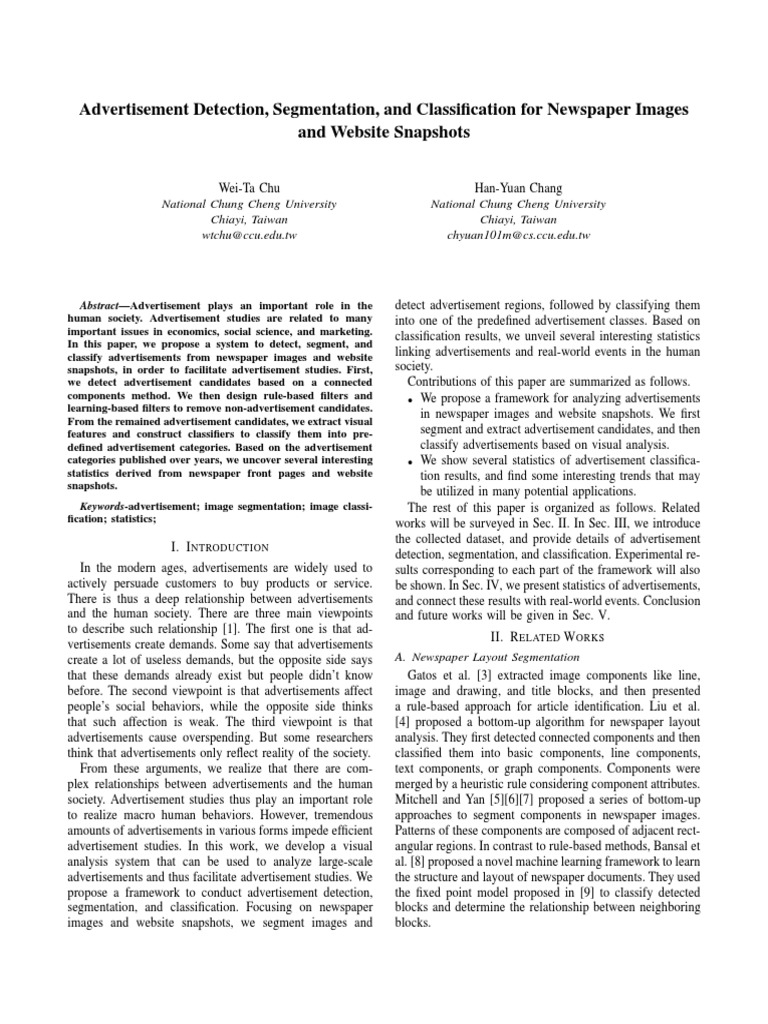 Advertisement Detection, Segmentation, and Classification For Newspaper Images and Website ...