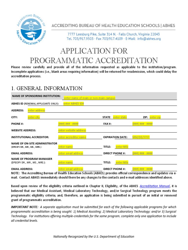 Application For Programmatic Accreditation: 1. General Information ...