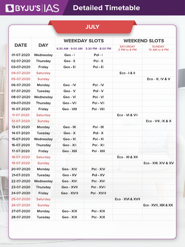 July Time Table Byjus IAS