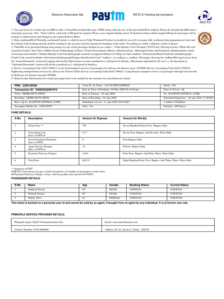 Electronic Reservation Slip IRCTC E-Ticketing Service (Agent) | PDF ...