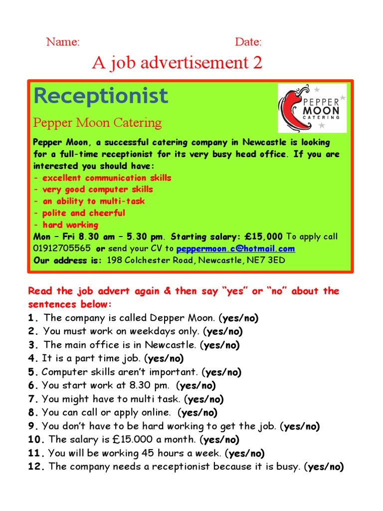 Job Advertisement 2 Reading Comprehension Exercises - 102552 | PDF