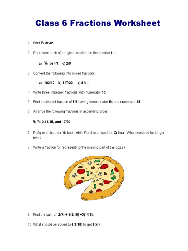 Fractions Worksheet Class 6 | PDF