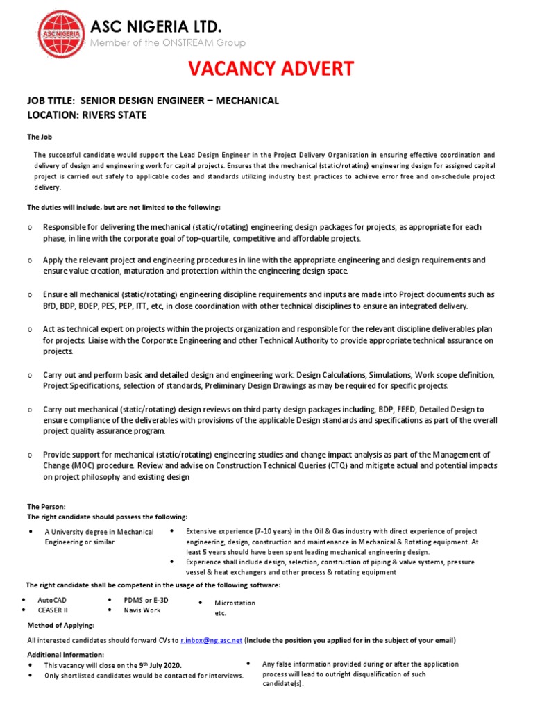 Senior Design Engineer - Mechanical Vacancy Advert | PDF | Engineering ...