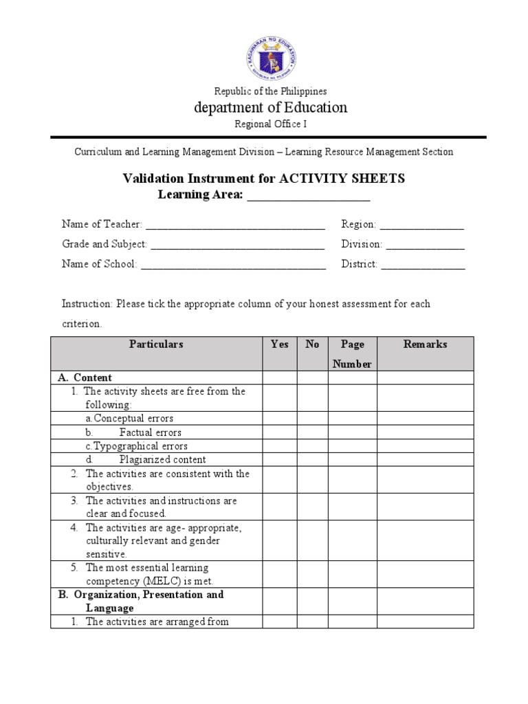 Department of Education: Validation Instrument For ACTIVITY SHEETS ...